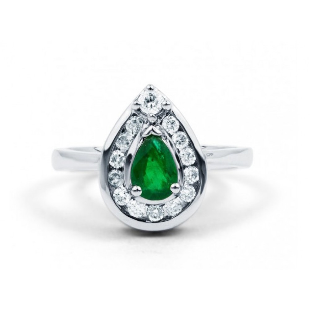 Vintage Tear-Drop Cut Emerald with Diamonds in 14k White Gold (0.41 ct ...